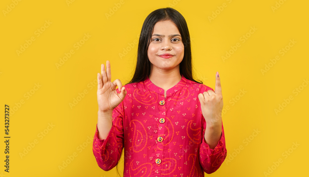 Young Indian Girl Showing Finger After Voting Cheerful Girl Isolated