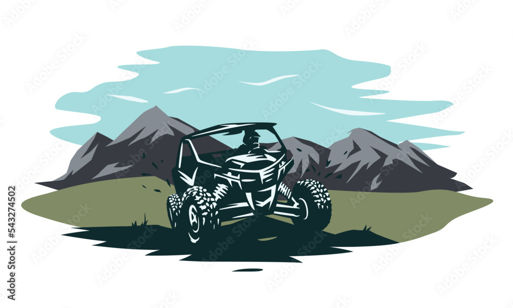 ATV side-by-side vehicle illustration with rocks and mountains. All ...