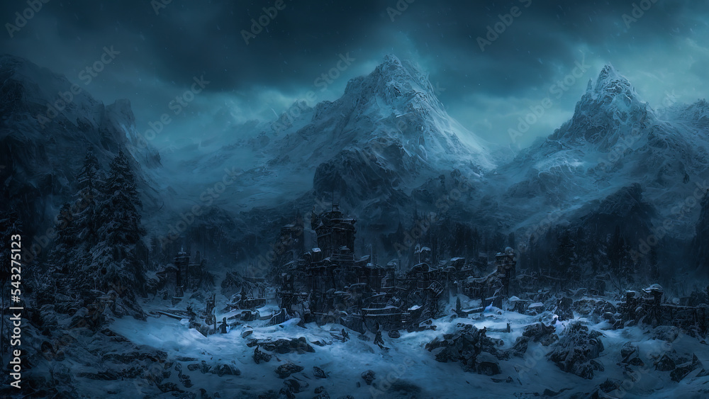 Dark night winter landscape with snowy mountains and houses. Snow storm ...