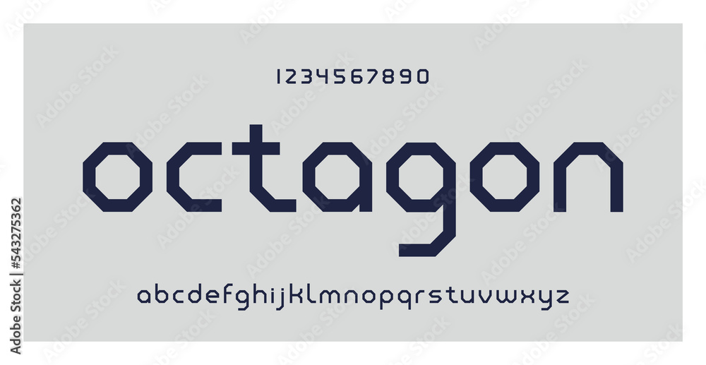 Octagonal typography. Geometric font, set of numbers and letters. Small ...