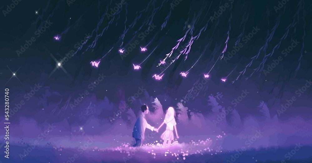 cute anime girl and anime boy playing together under a large tree at ...