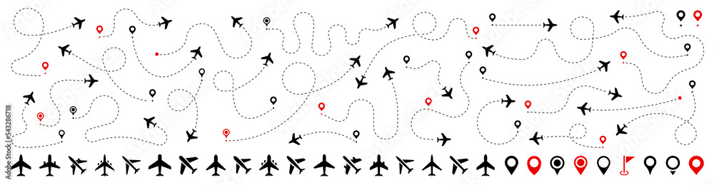 Airplane routes set. Plane route line. Planes dotted flight pathway ...