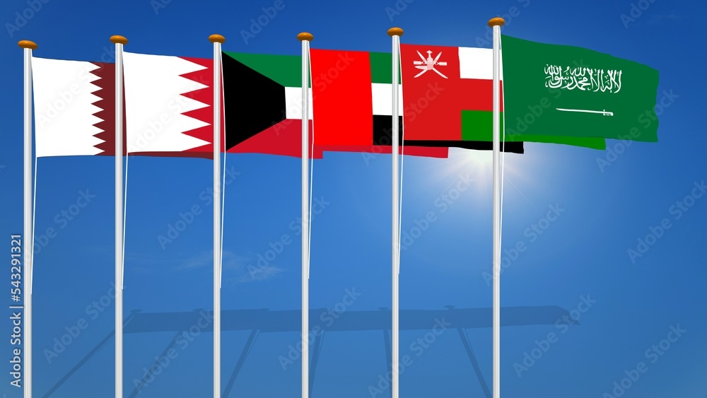 3D Illustration of the Gulf Cooperation Council official flag and of ...