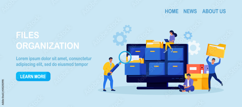 People taking documents from archive, using magnifying glass and ...