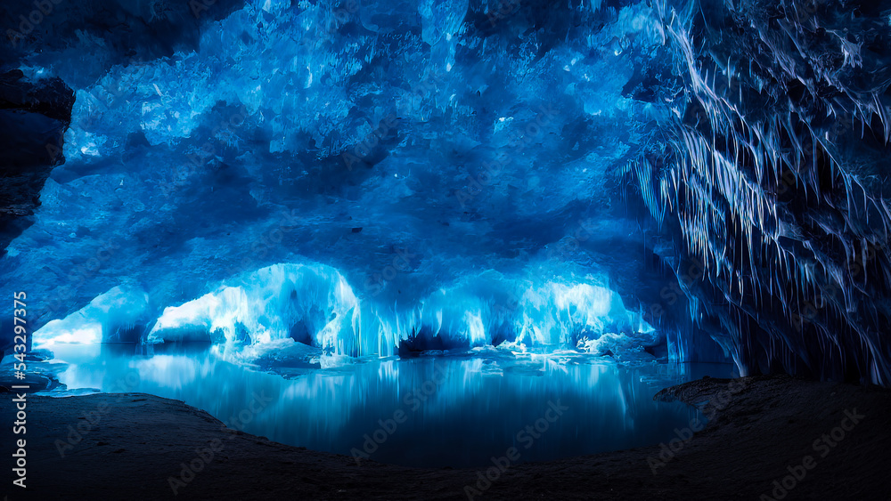 Snow cave. Landscape of night antactis, tunnel and labyrinths in an ice ...