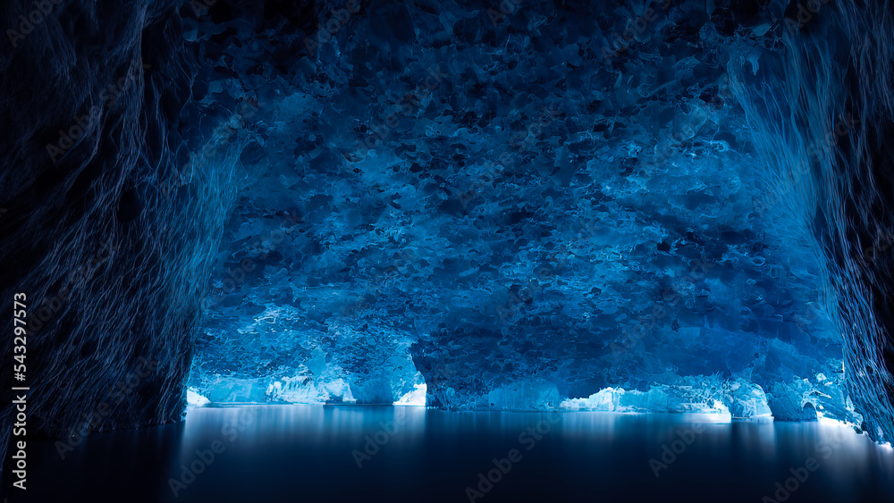 Snow cave. Landscape of night antactis, tunnel and labyrinths in an ice ...
