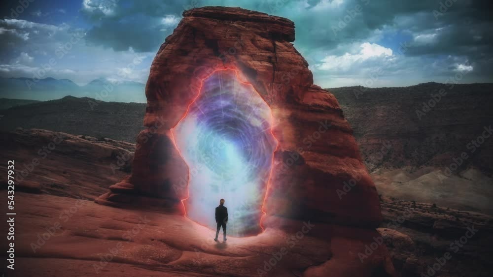 Vídeo do Stock: Dimensional Portal Man Desert Rock Formation Zoom In ...