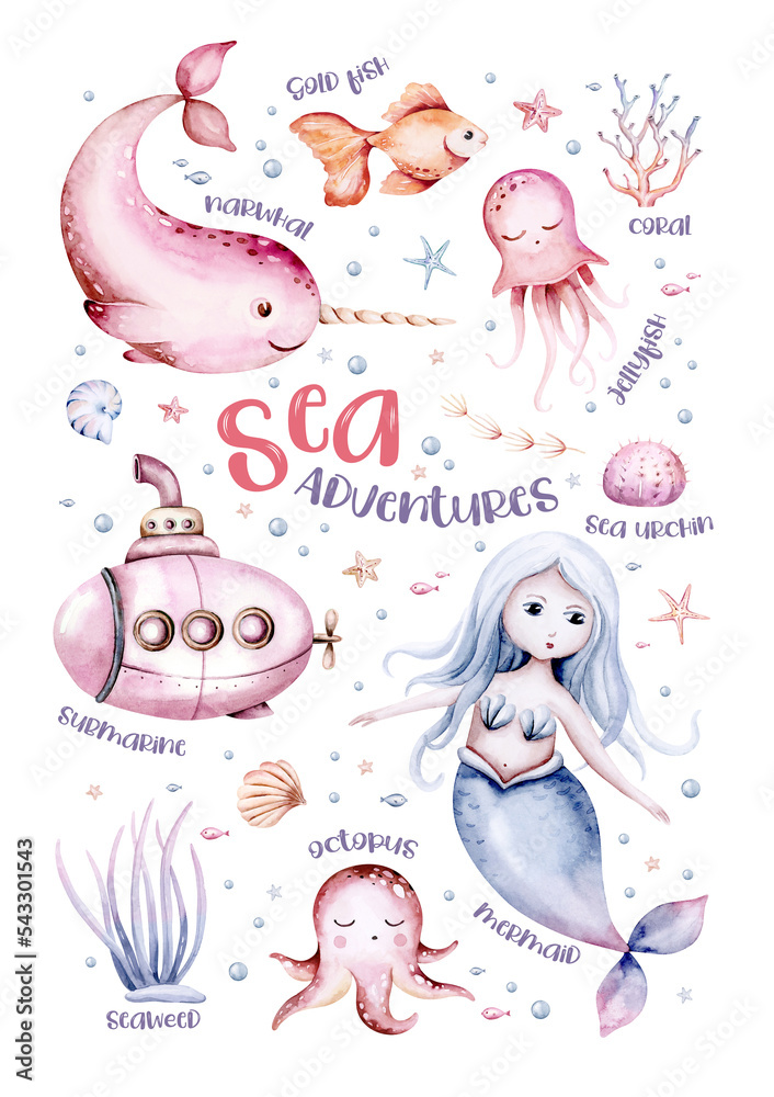 Set of sea animals. Blue watercolor ocean fish, turtle, whale and coral ...