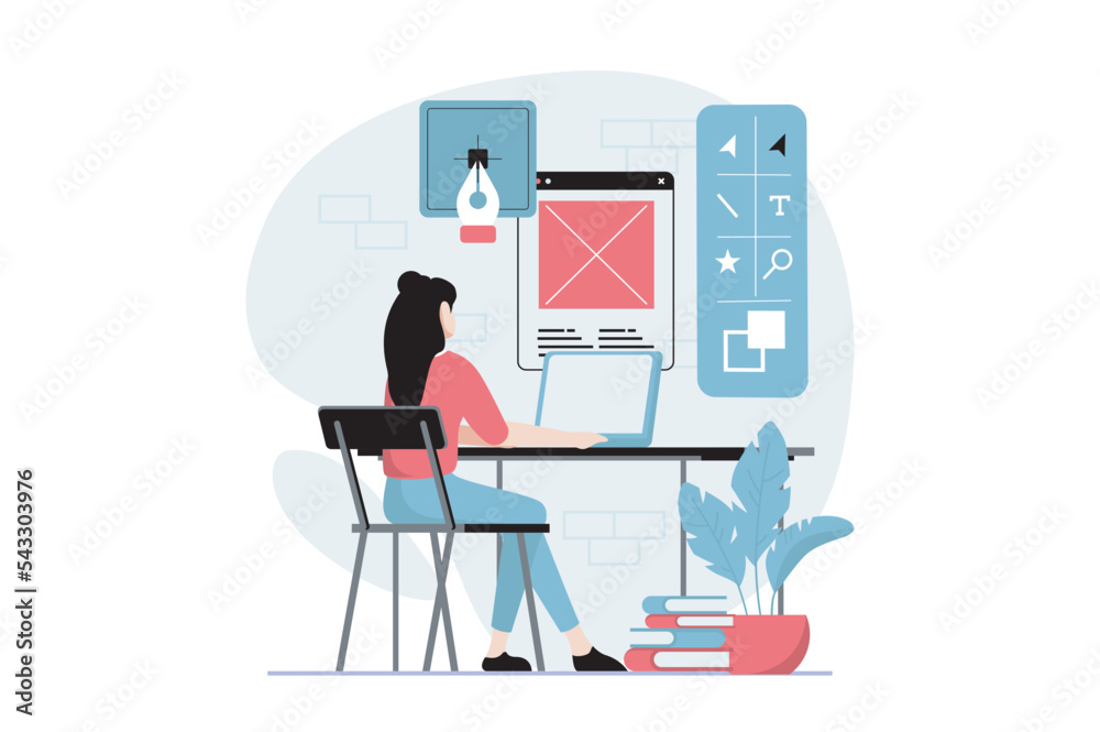 UI and UX design concept with people scene in flat style. Woman work as ...