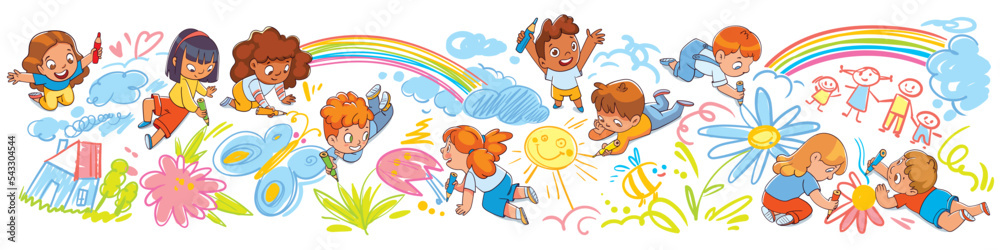 Children draw scribbles on the floor and wall with colored crayons ...