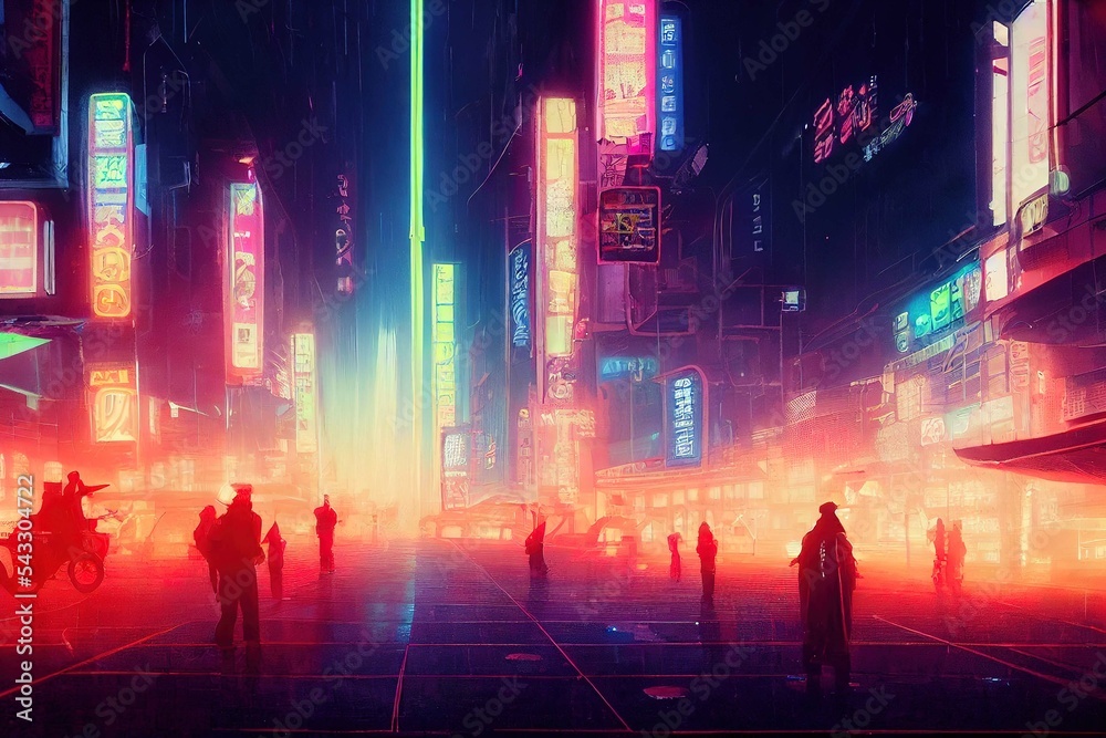 Futuristic cyberpunk city. Concept sci fi downtown at night with ...
