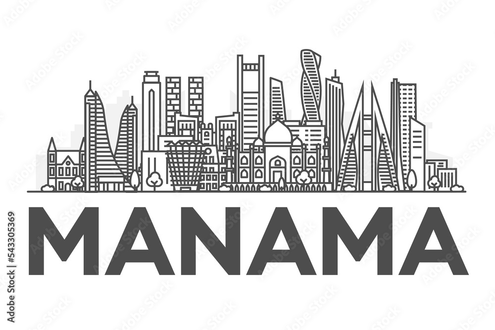 Manama, Bahrain architecture line skyline illustration. Linear vector ...