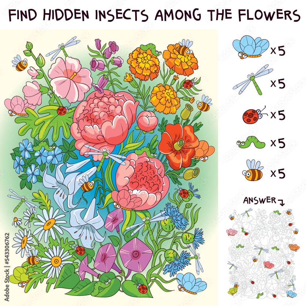 Find the hidden insects in the bouquet of flowers. Find hidden objects ...