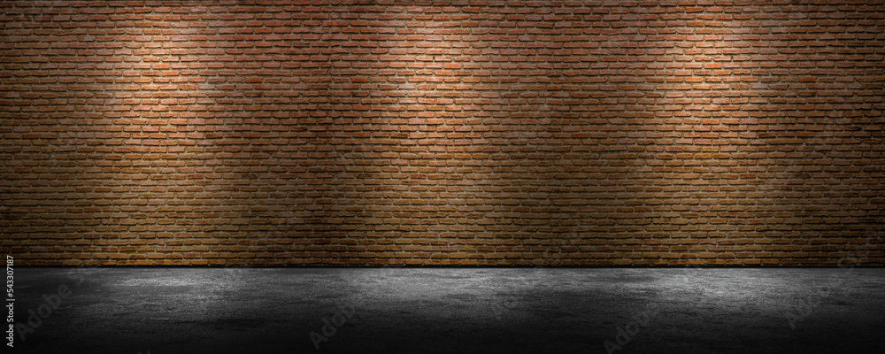 Dark abstract brick wall with the beam of spotlight, studio room ...