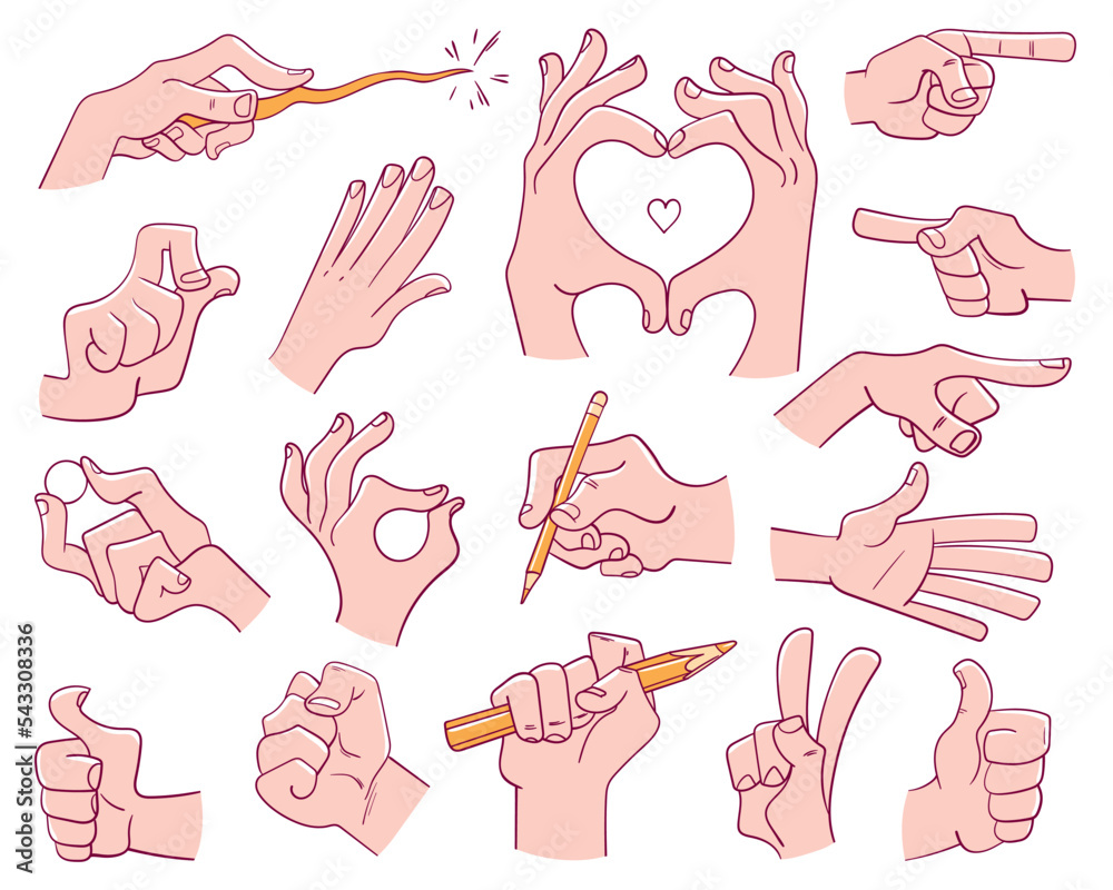 Various gestures of hands. Set of cartoon vector illustrations ...