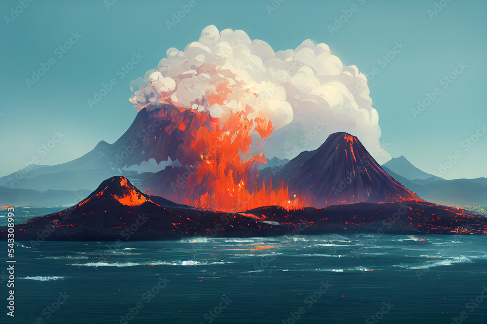 Massive Volcano Eruption. A large volcano erupting hot lava and gases ...