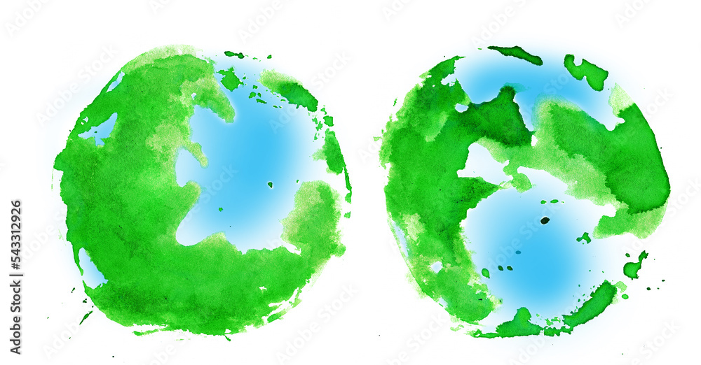 Hand painted watercolor illustration of green and blue planet, isolated ...