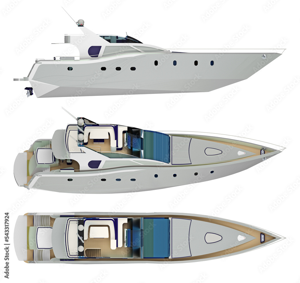 sport yacht side and top view isolated. 3d rendering Stock Illustration ...