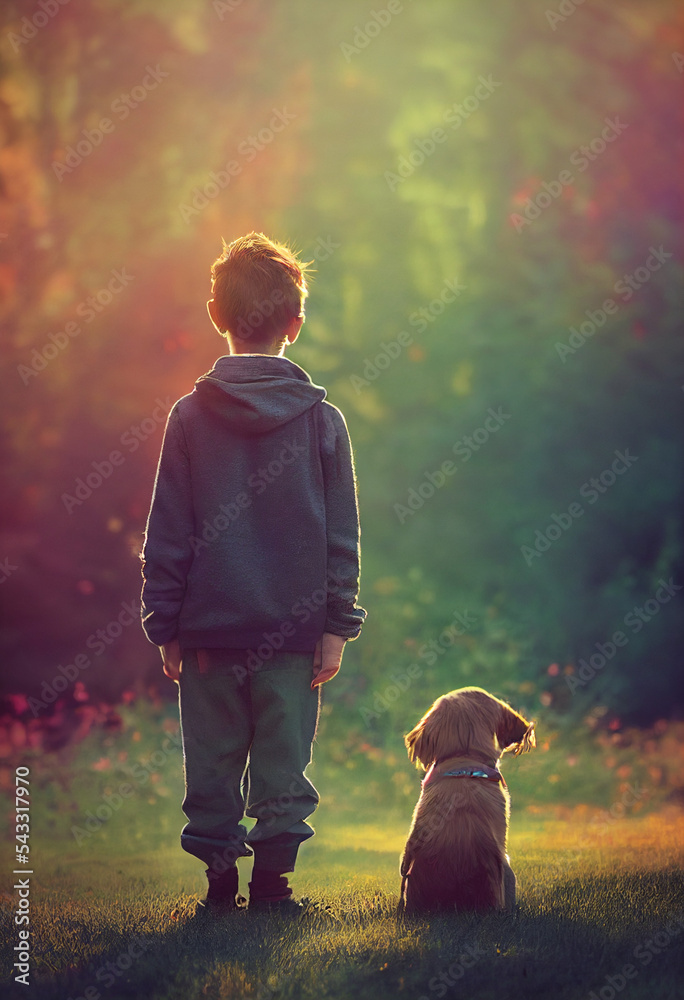 Boy and his dog looking at the landscape. Ethereal portrait of a boy ...