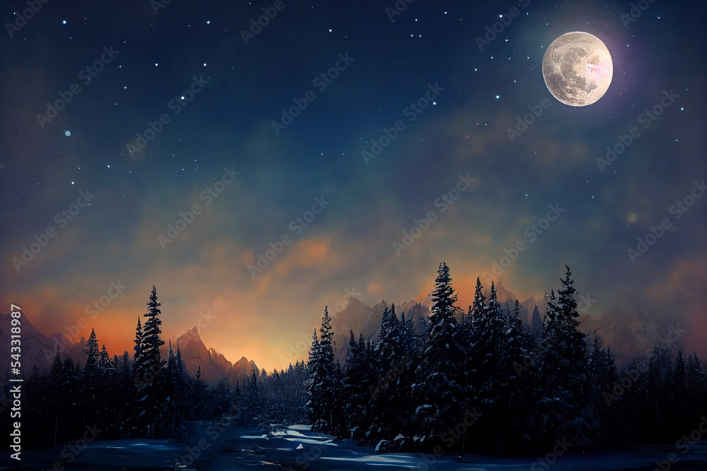 Amazing winter scenery. Landscape with magical winter night with full ...