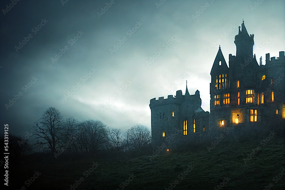 Castle on a hill. Dark, mysterious castle with lights in the windows ...