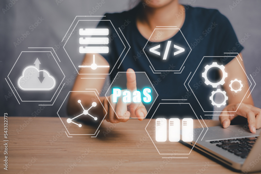 PaaS - Platform as a service, Woman hand touching PaaS icon on VR ...