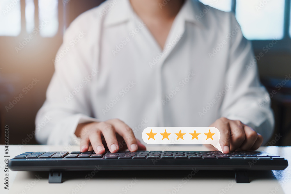 Customer satisfaction concept, Businessman using keyboard giving five ...