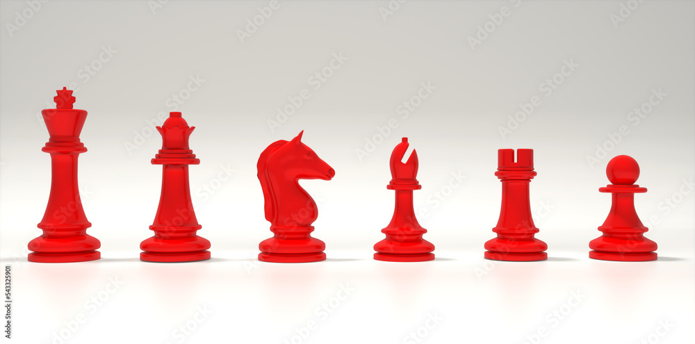 A set of red chess pieces. Chess piece icons. Board game. 3d rendering ...