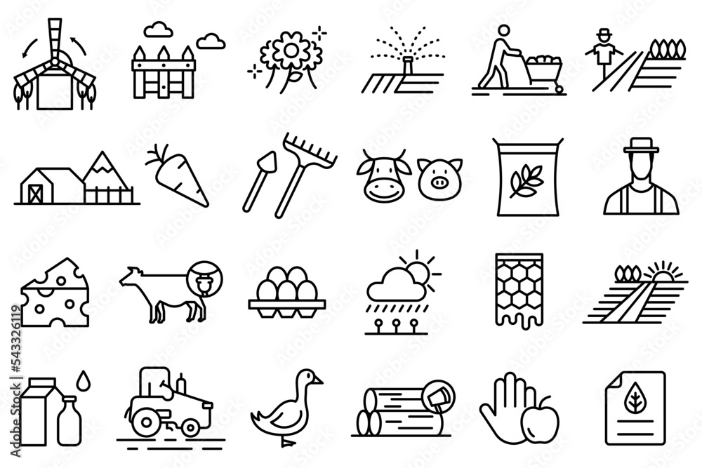 Conjunto de iconos de granja. Agricultura, ganadería, producción de ...