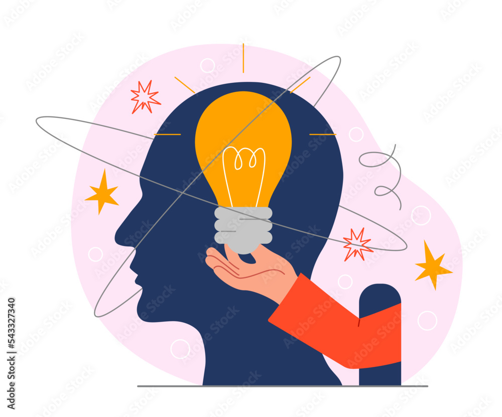 Creative mind concept. Character holding light bulb against next to ...