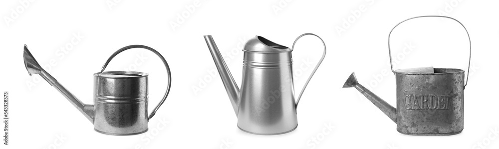 Set with different watering cans on white background. Banner design ...