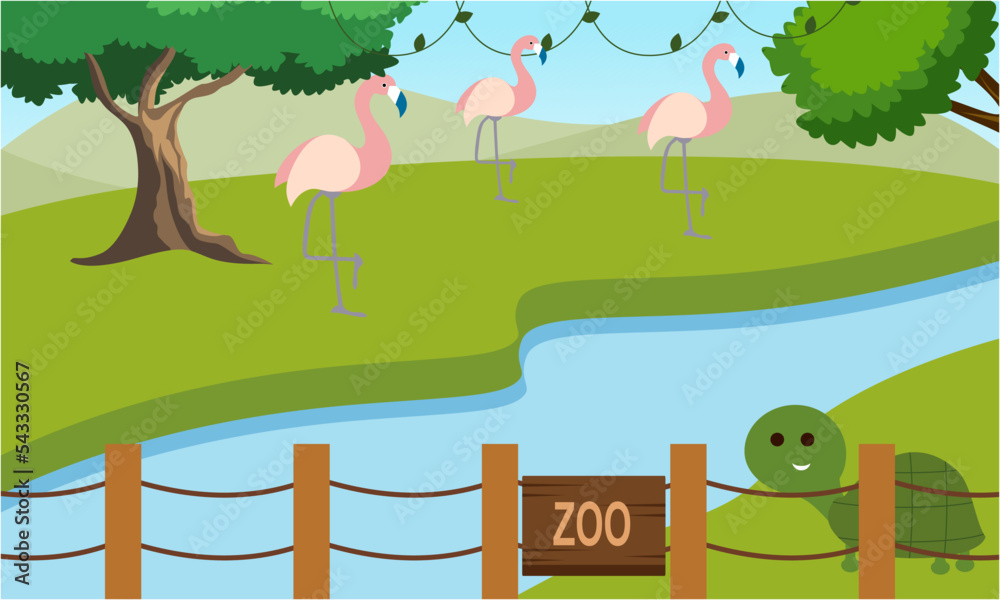 Zoo cartoon illustration with safari animals on forest background Stock ...