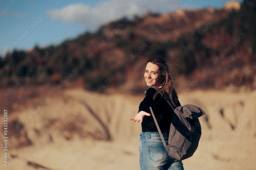 Beautiful Travel Woman Reaching a Hand to the Camera. Happy backpacker ...