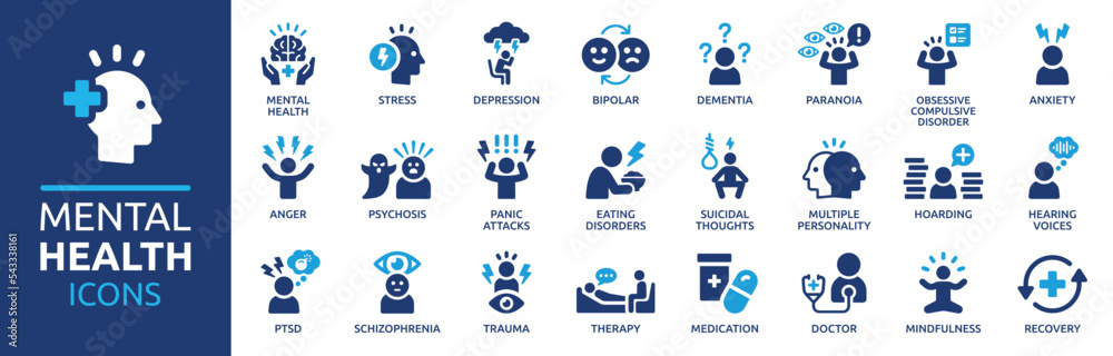 Mental health icon set. Containing depression, bipolar, PTSD, panic and ...