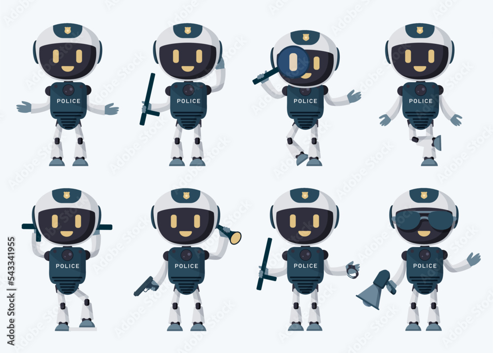 Robots police character vector set. Police robot officer standing and ...