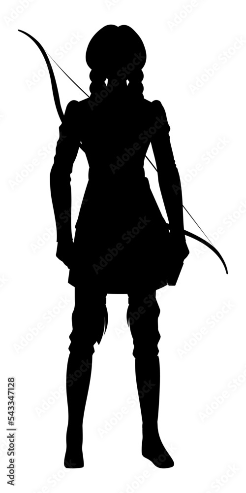 Silhouette of archer girl. Woman with bow. Archer girl with long braids ...