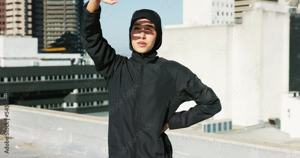 Sun, hijab and muslim exercise woman, girl or runner shield face from ...