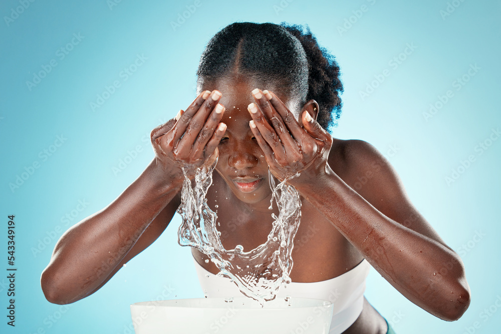 Woman, water splash and face cleaning, wellness and body hygiene for ...