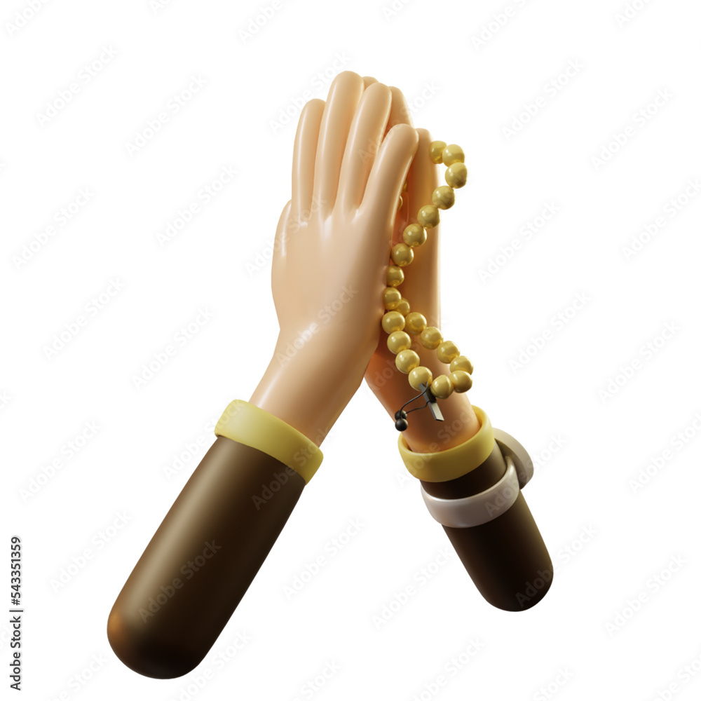 holy hands praying, holding prayer beads 3d illustration. isolated on ...