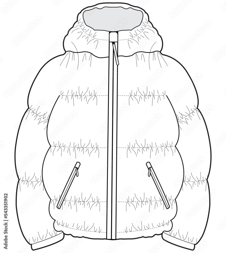 zipper up puffer bomber jacket flat sketch vector illustration. unisex ...