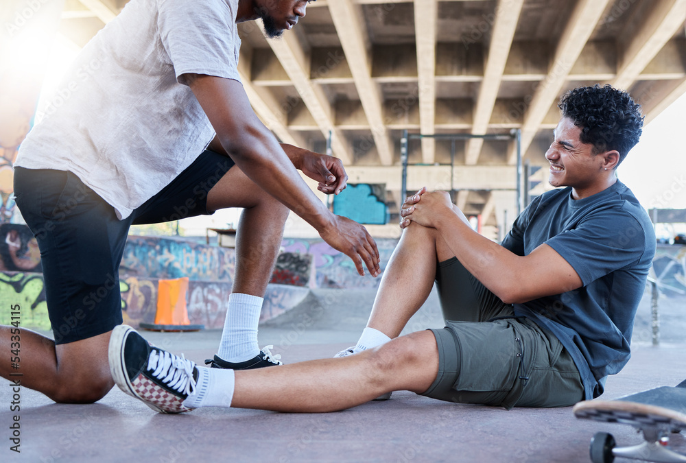 Sports injury, knee and skater man holding wound after accident ...