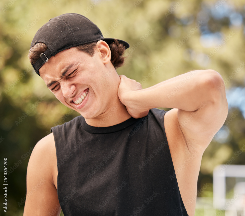 Young, neck and spine injury of man in pain from outdoor summer ...