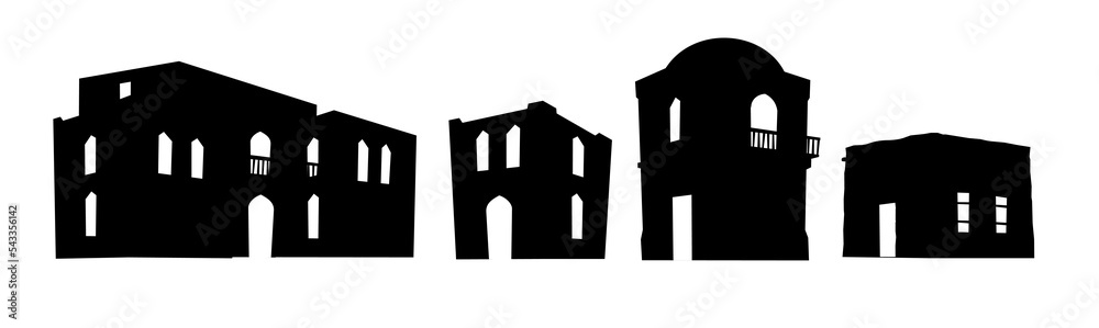 Arab clay hut. Middle Silhouette composition. Set of object. Eastern ...