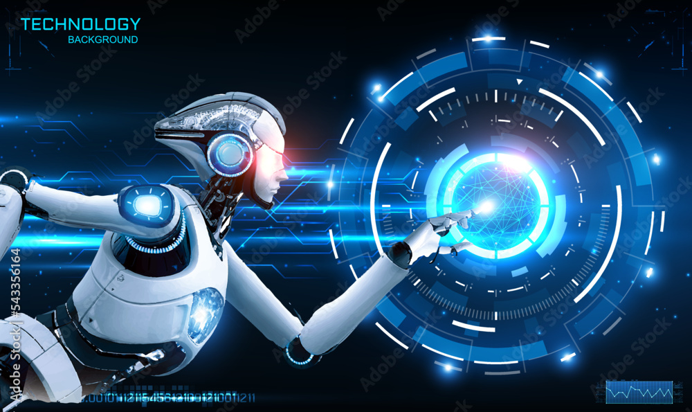 3D Rendering futuristic Robot touching on big data network connection ...