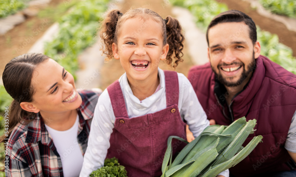Farm, family and portrait of happy parents with child on agriculture ...