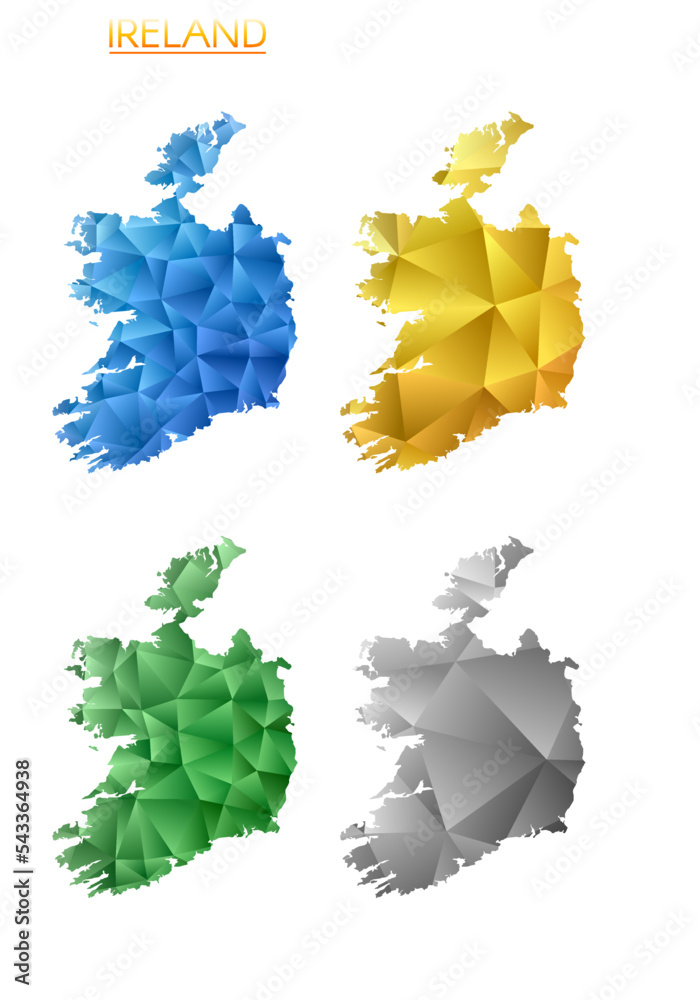 Set of vector polygonal maps of Ireland. Bright gradient map of country ...