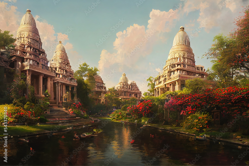 AI generated image of a beautiful Hindu temple complex with a stream ...
