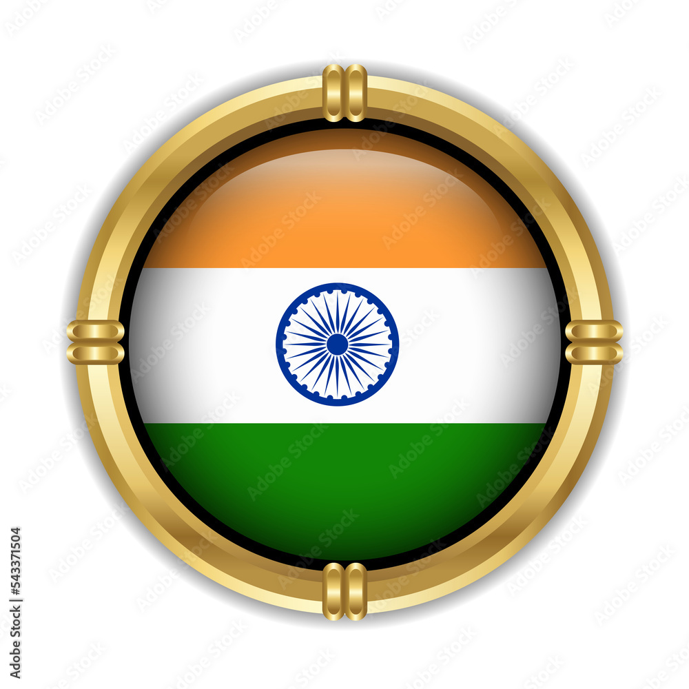 India Flag circle shape button glass in frame golden. Background ...