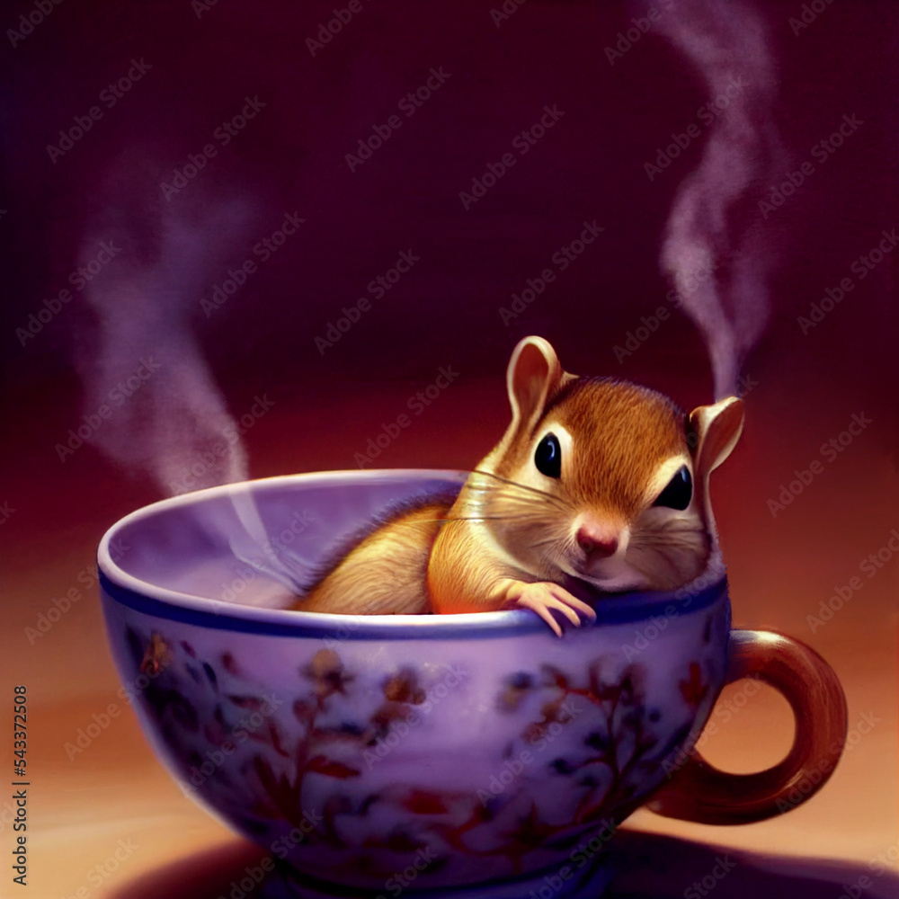 Cute Tiny Chipmunk Bathing In Steaming Tea Cup Filled with Steaming ...