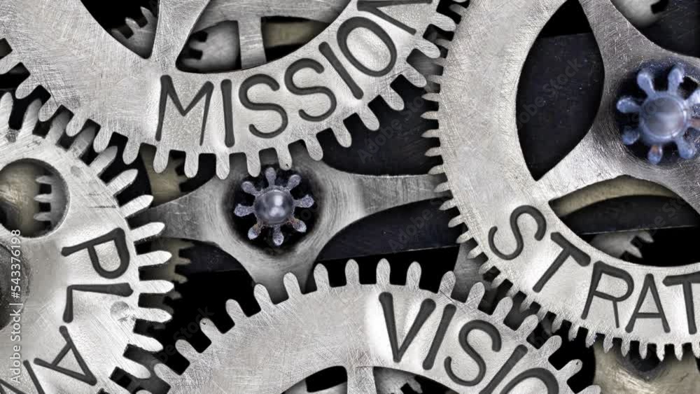 Group of rotating tooth wheels with Mission, Vision, Strategy and Plan ...